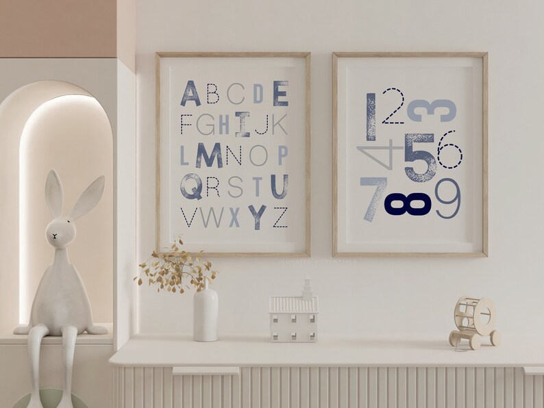 Set of 2 Prints, Blue Alphabet and Numbers Prints, Nursery Decor ...