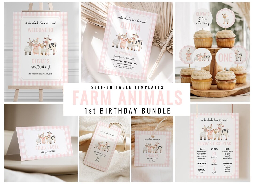 Editable Farm Animals Birthday Party Bundle, Pink Gingham Barnyard 1st ...