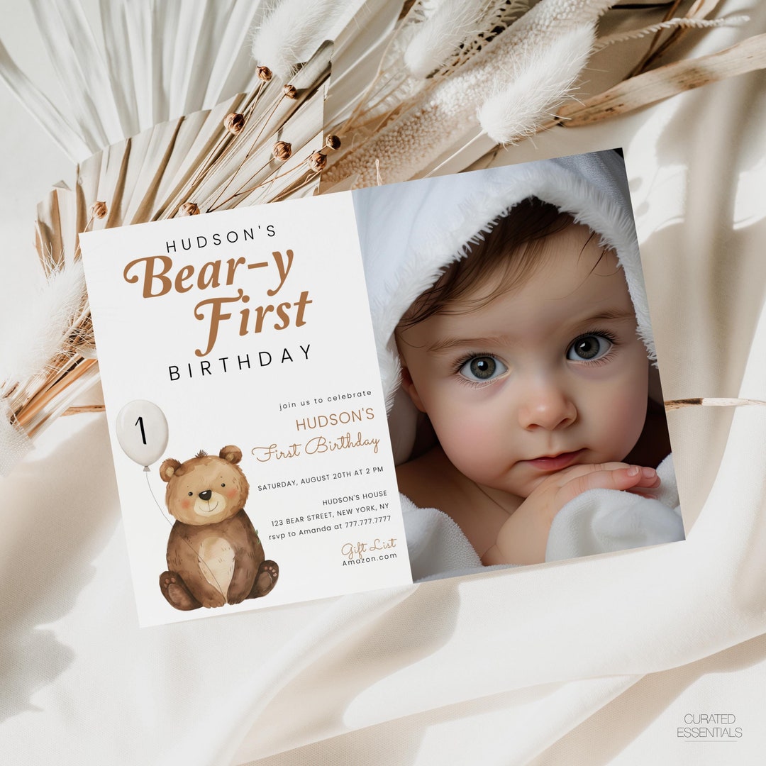 Beary First Birthday Invitation With Photo, 1st Birthday Bear Theme ...