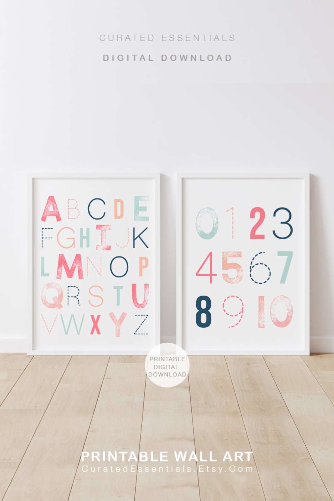 Pink & Navy Set of 2 Prints, Alphabet and Numbers, Printable Wall Art ...