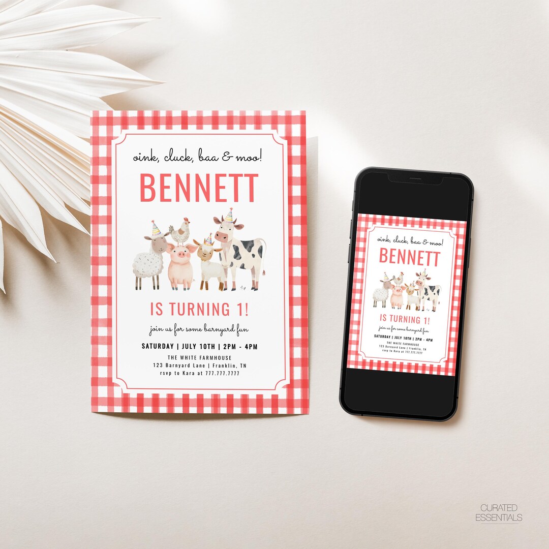 Farm Animals 1st Birthday Invitation, Barnyard Birthday Party Invite ...