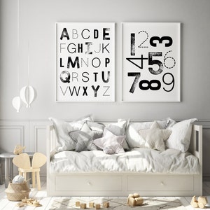 Set of 2 Prints, Alphabet and Numbers Printable, Neutral Nursery Decor ...