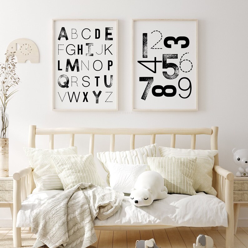 Set of 2 Prints, Alphabet and Numbers Printable, Neutral Nursery Decor ...