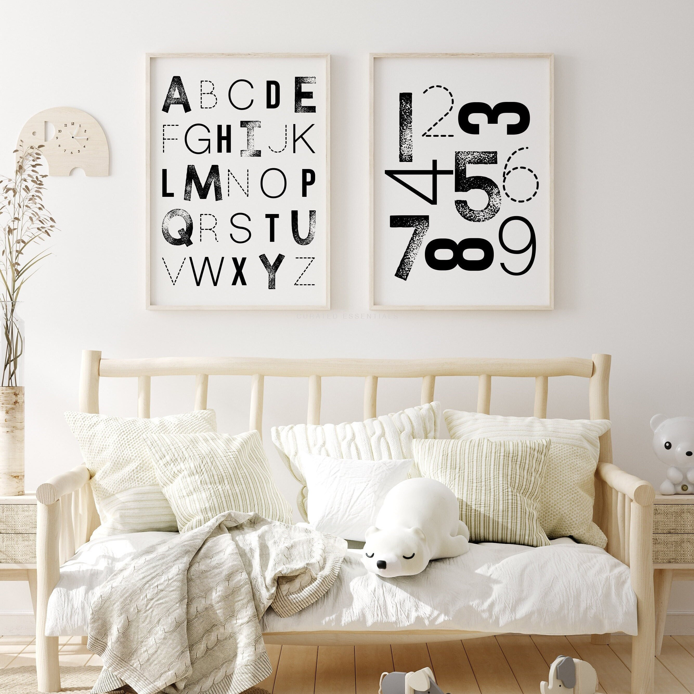Set of 2 Prints, Alphabet and Numbers Printable, Neutral Nursery Decor ...