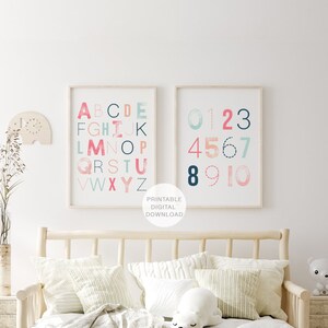 Pink & Navy Set of 2 Prints, Alphabet and Numbers, Printable Wall Art ...