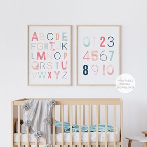 Pink & Navy Set of 2 Prints, Alphabet and Numbers, Printable Wall Art ...