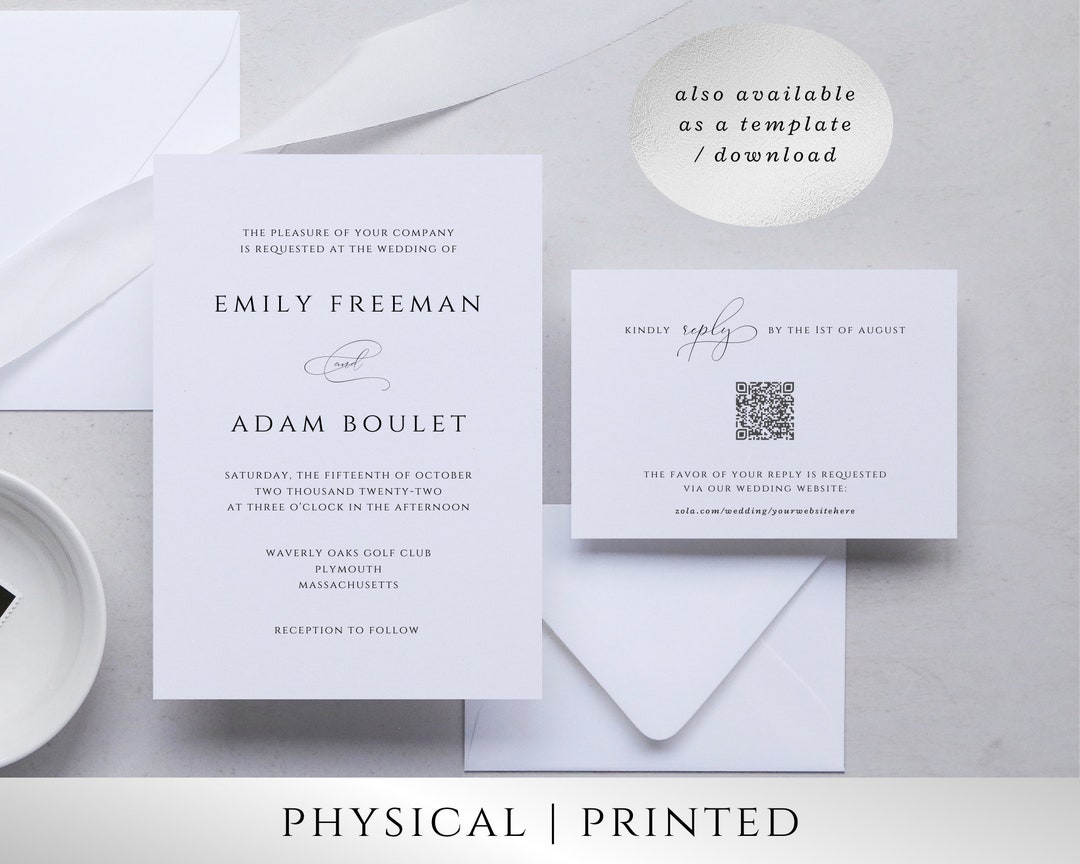 Printed Wedding Invitations With QR Code Rsvp Card, Elegant Minimalist ...