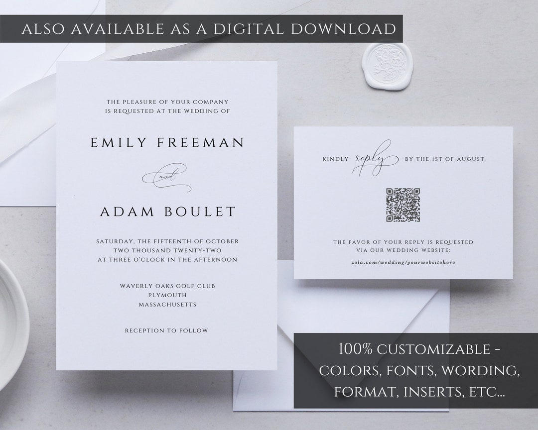 Printed Wedding Invitations With QR Code Rsvp Card Elegant - Etsy
