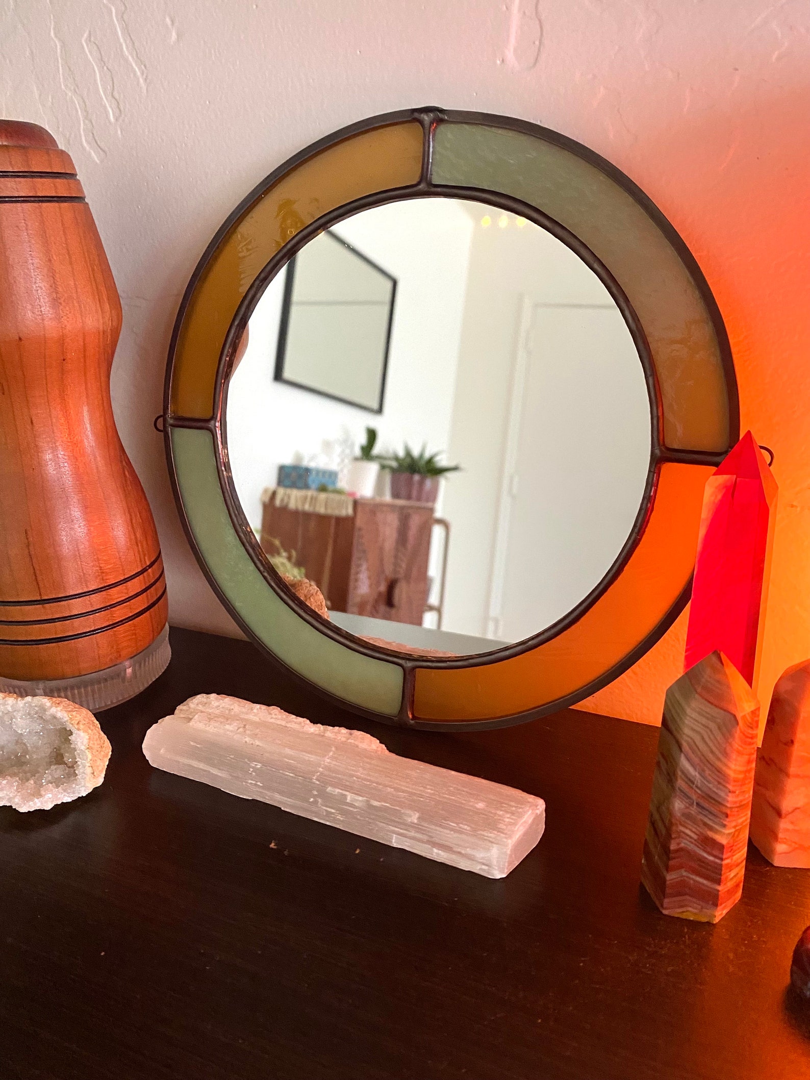 Round Mirror Stained Glass Art, Two-tone Green & Yellow, Home Decor ...