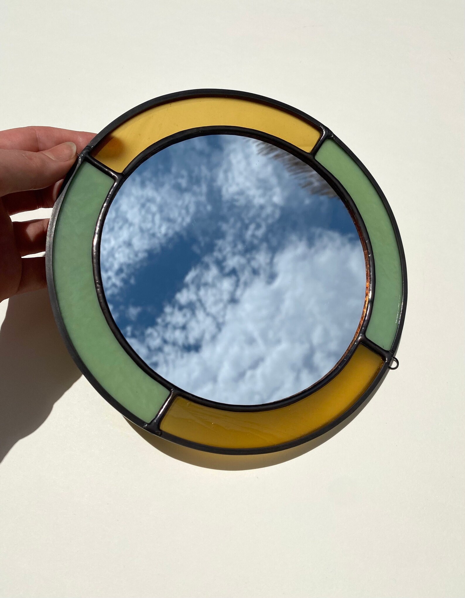 Round Mirror Stained Glass Art, Two-tone Green & Yellow, Home Decor ...