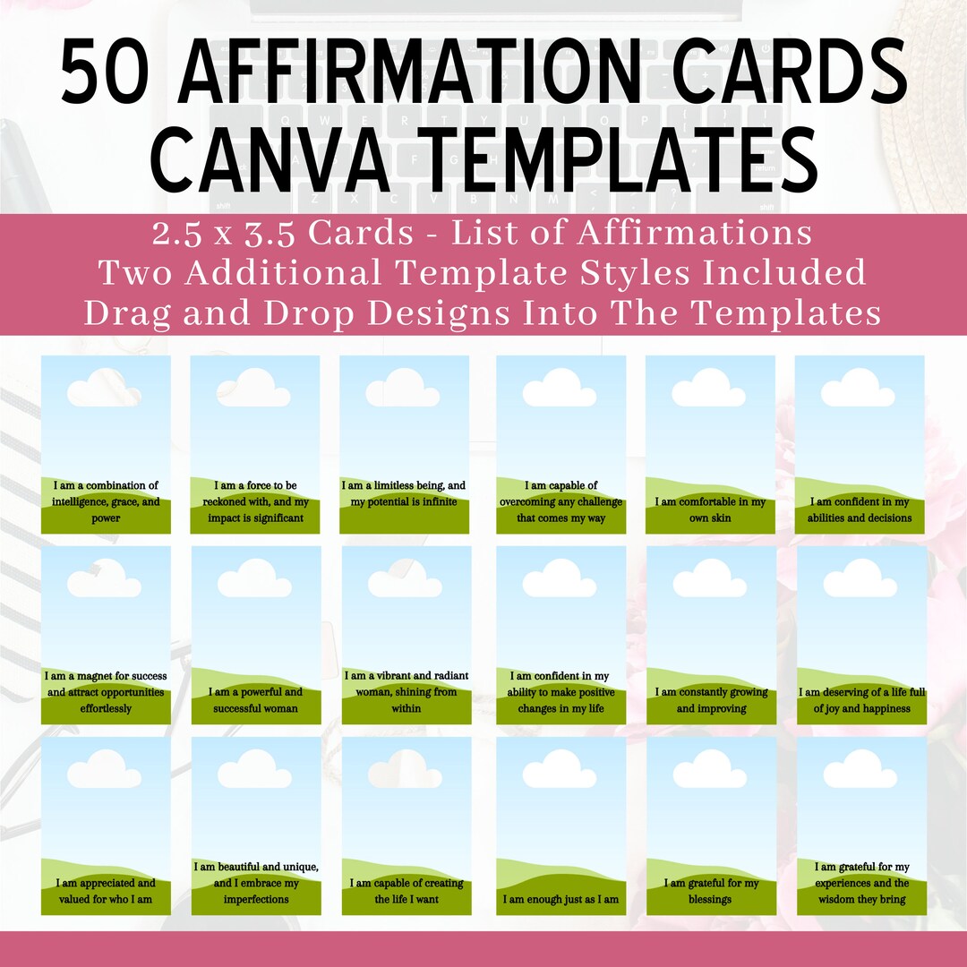 50 Affirmation Cards Canva Template Frame Editable Templates With ...
