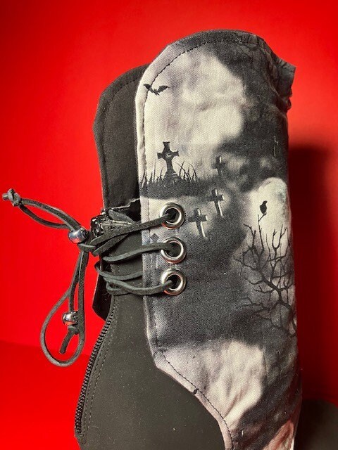 Boot Cover Made From 100% Cotton. Features Graveyard Print. Laces up ...