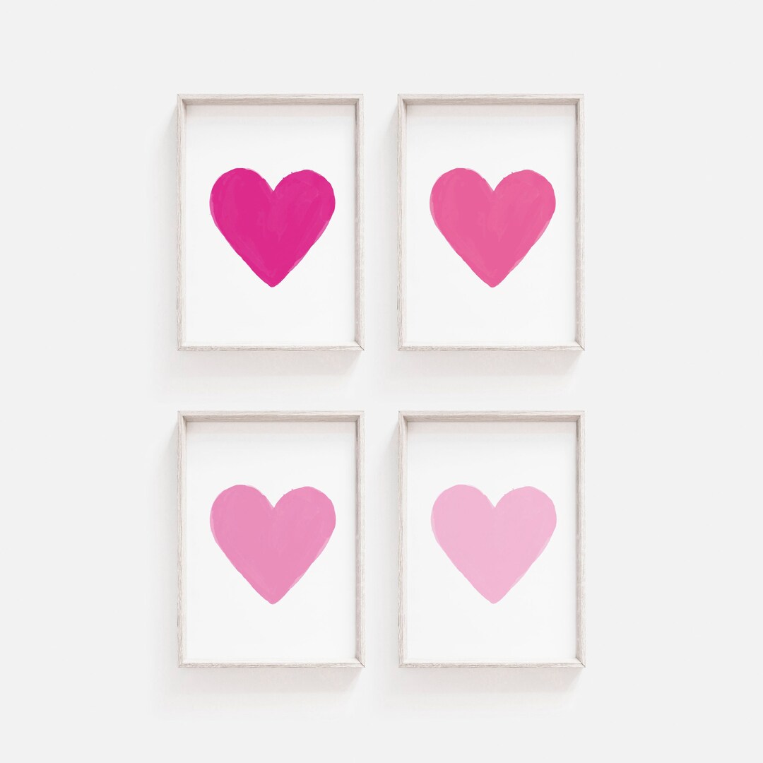 Hot Pink Hearts, Set of 4 Ombré Hearts Printable Wall Art, Hot Pink ...