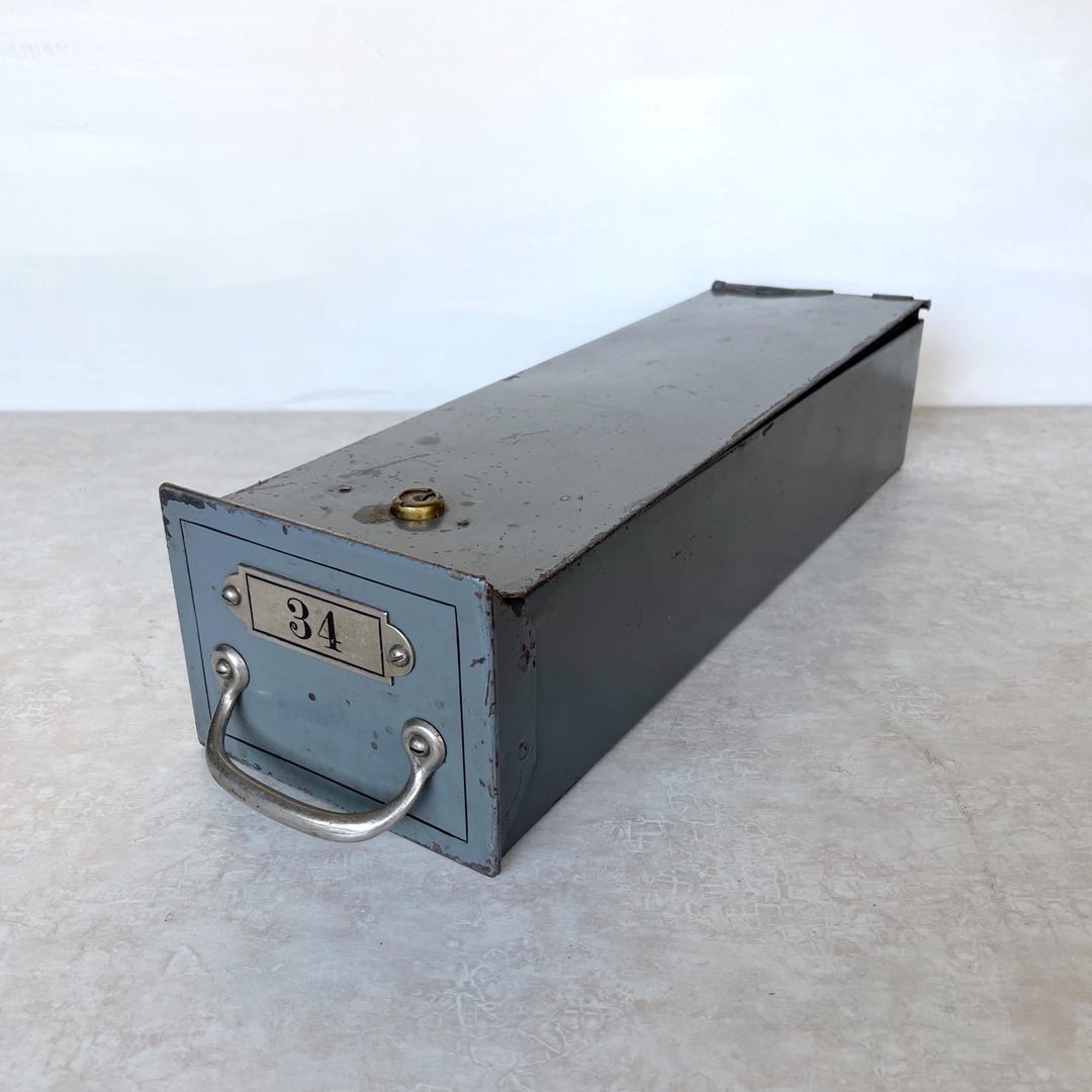Vintage Safe Deposit Box, Gray Metal Bank Safety Deposit Drawer, Hinged ...