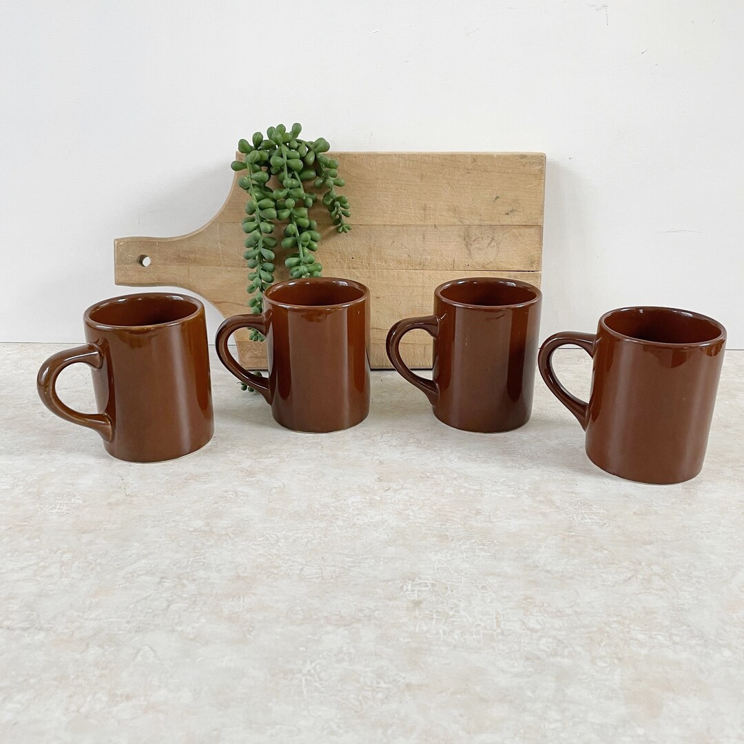 Vintage Hall China Mugs: Chocolate Brown Stoneware Coffee Cups, Set of ...