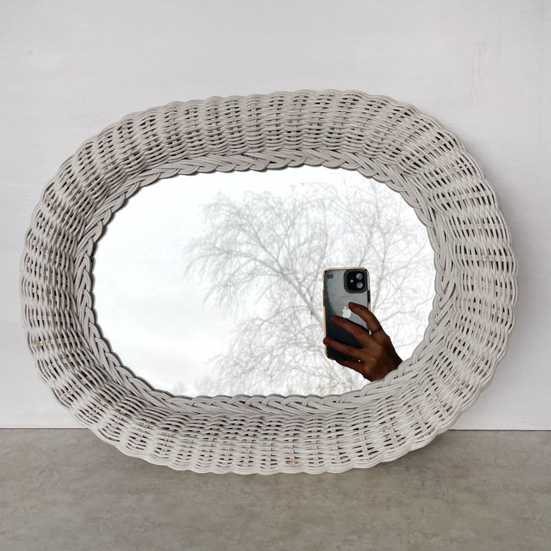 Vintage White Wicker Oval Mirror, Vintage Mirror Wall Hanging, Boho ...