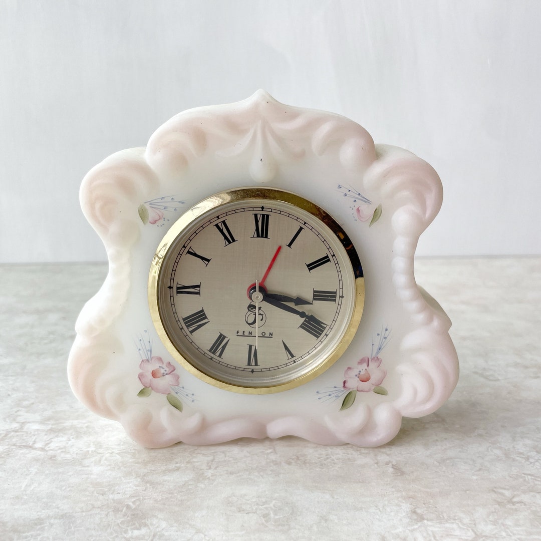 Vintage Fenton Hand Painted Clock, White Satin Glass Desktop or Mantel ...