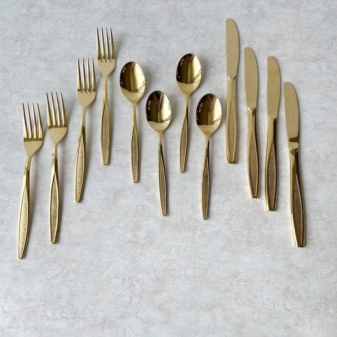 12 Piece Gold Flatware Set, Royalton Antiqua Gold Stainless Gold Tone ...