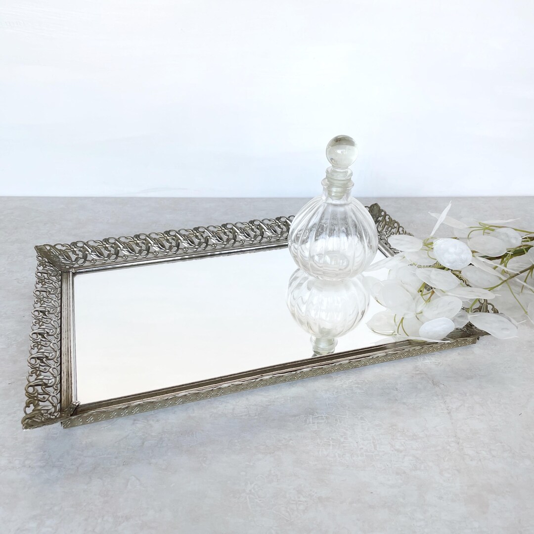 Rectangular Mirrored Vanity Tray, Vintage Gold Tone Filigree Perfume ...