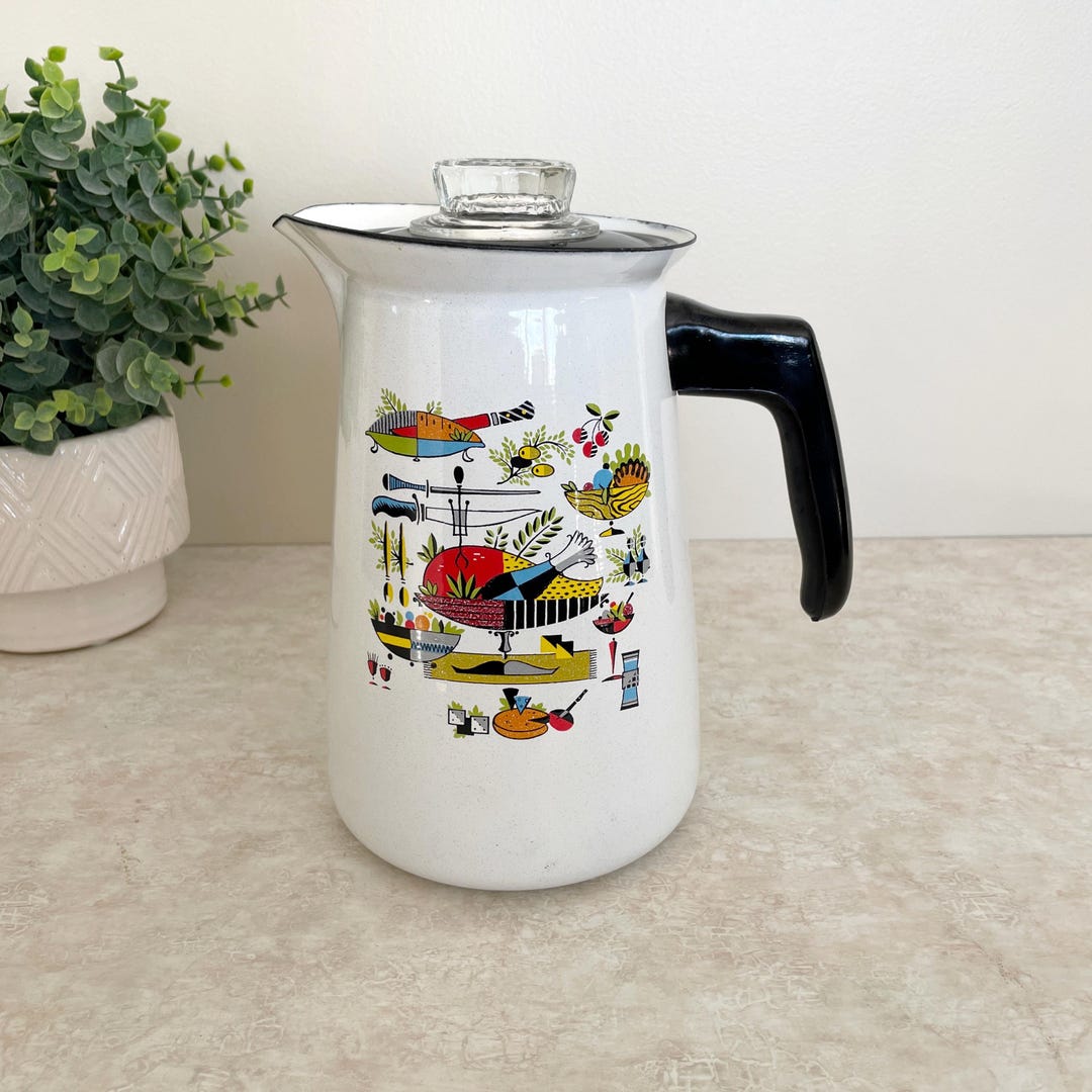 Vintage Georges Briard Coffee Pot, Mid Century White Enamel Coffee ...