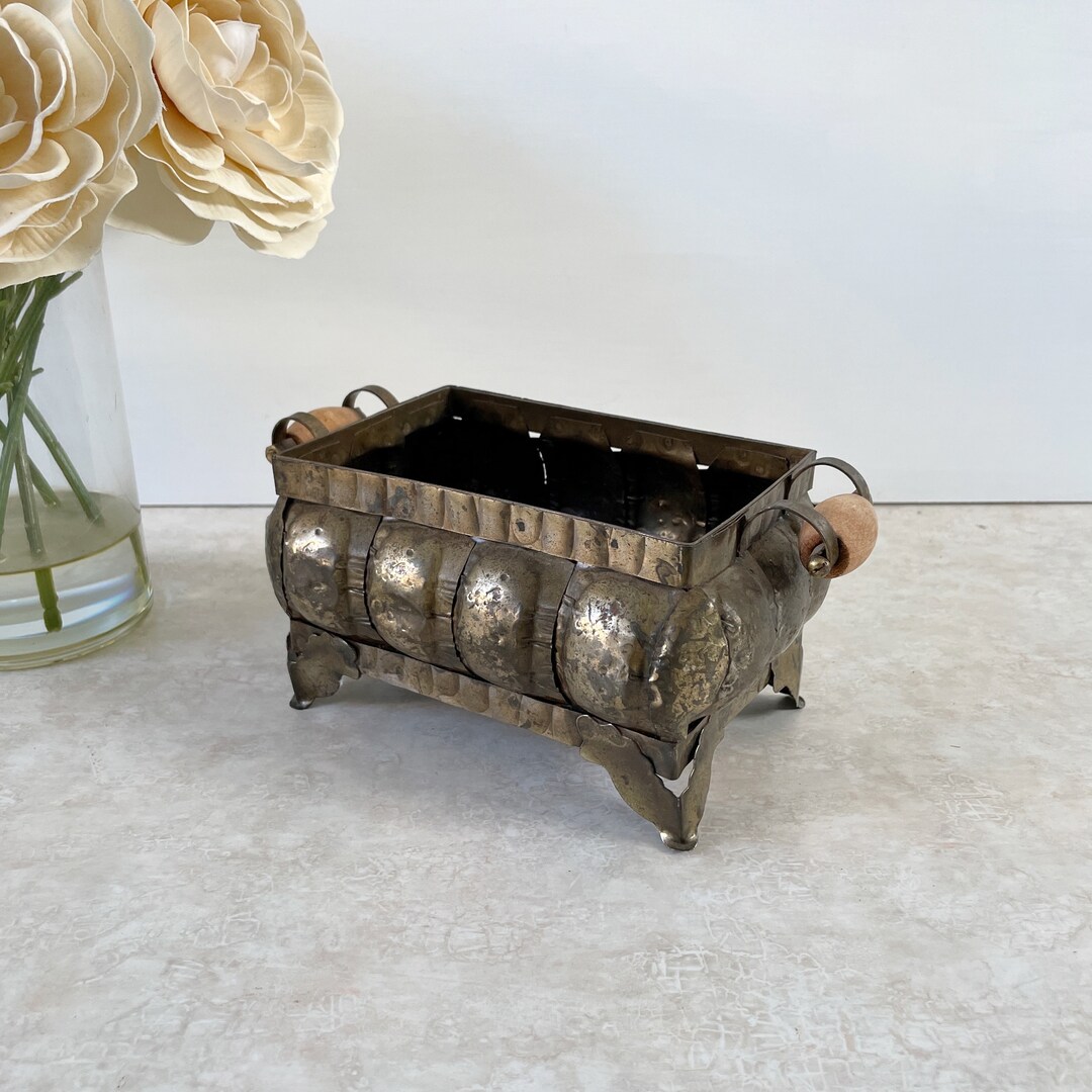 Vintage Metal Planter With Wooden Handles, Decorative Rustic ...