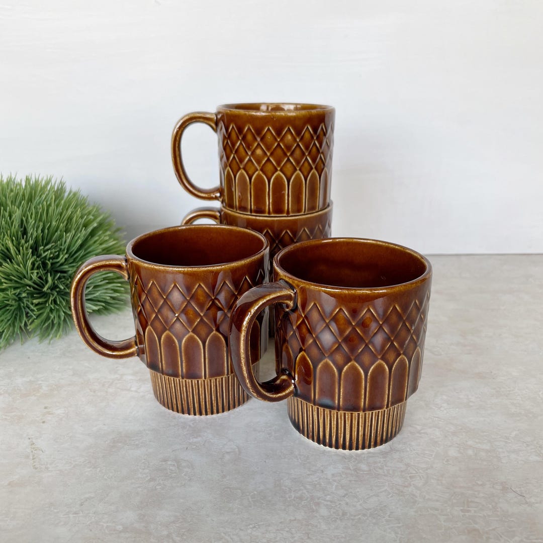 Vintage Brown Ceramic Stacking Mugs Set of 4, Geometric Pattern Drip ...