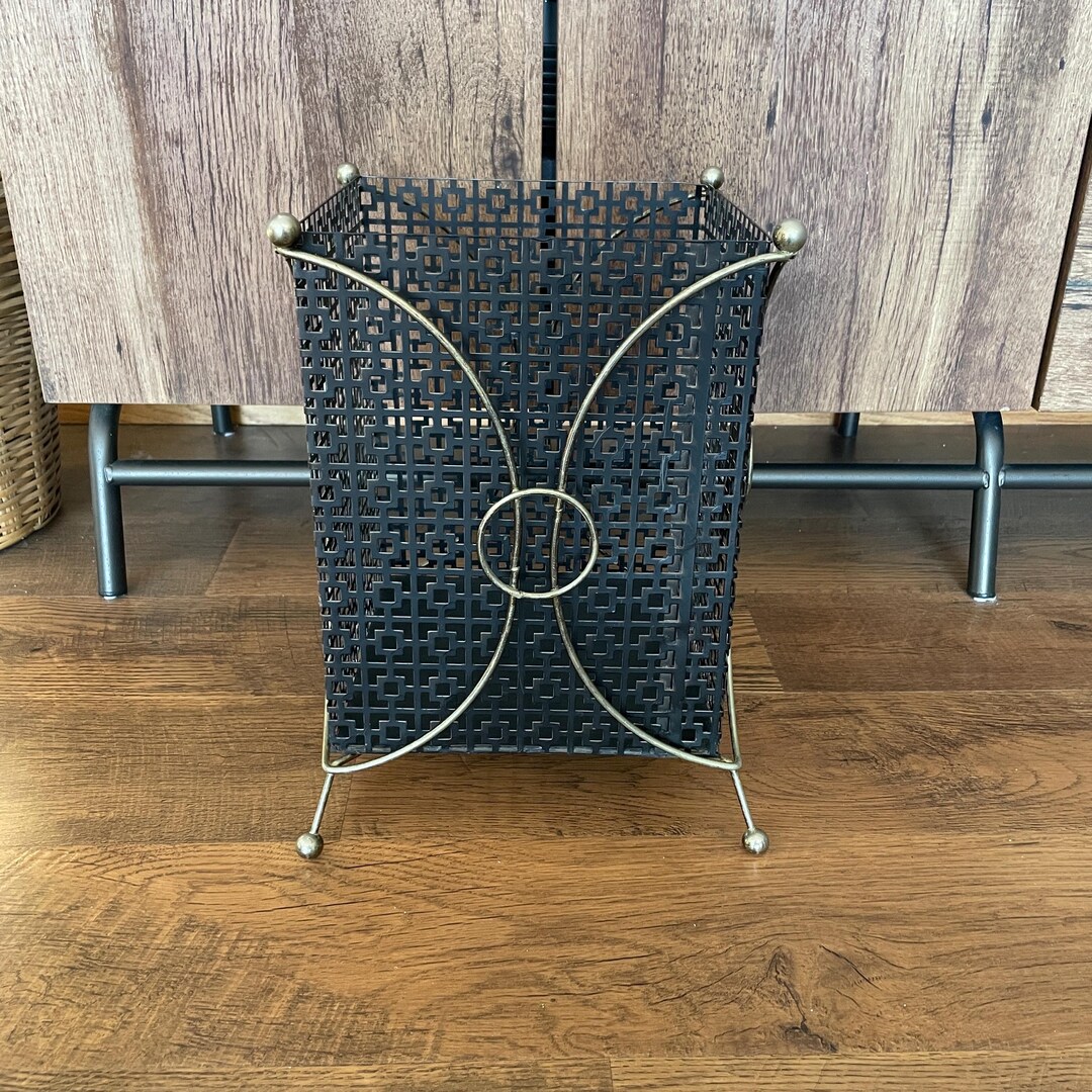 Mid Century 2 Piece Black Mesh and Gold Tone Metal Waste Basket, Atomic ...
