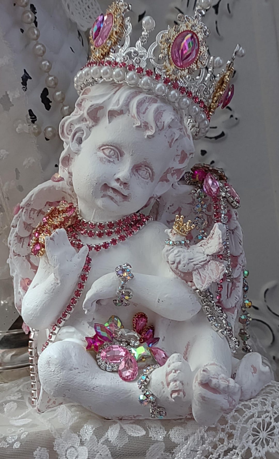 Jeweled Rhinestone Cherub, Pink Cherub Figurine, Cherub Statue Figurine ...