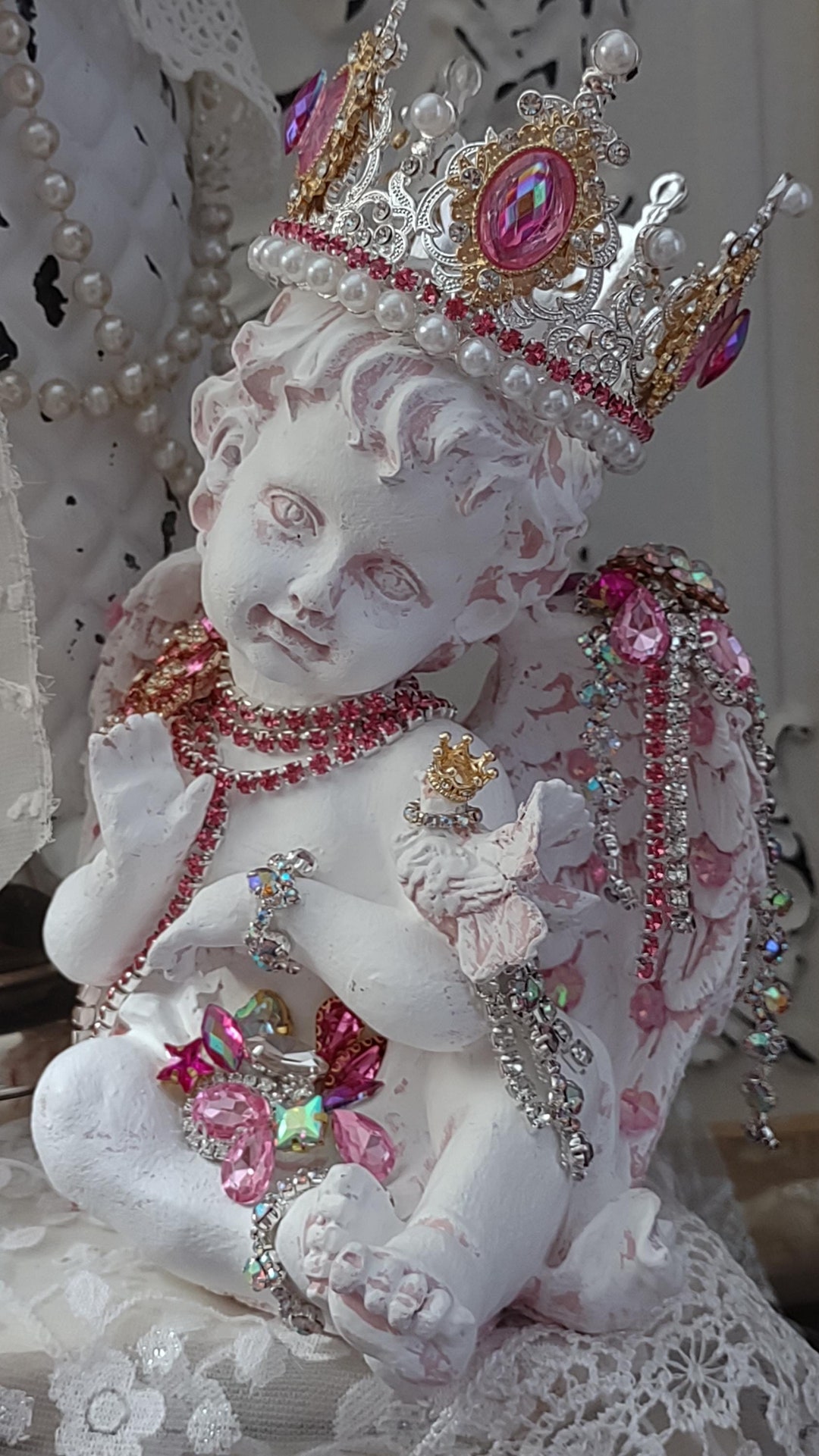 Jeweled Cherub, Pink Cherub, Cherub Statue, Crown - Etsy