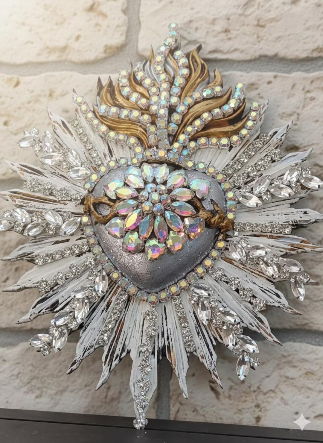Flaming Sacred Heart Wall Plaque: Jeweled Milagro, White Chippy Finish ...
