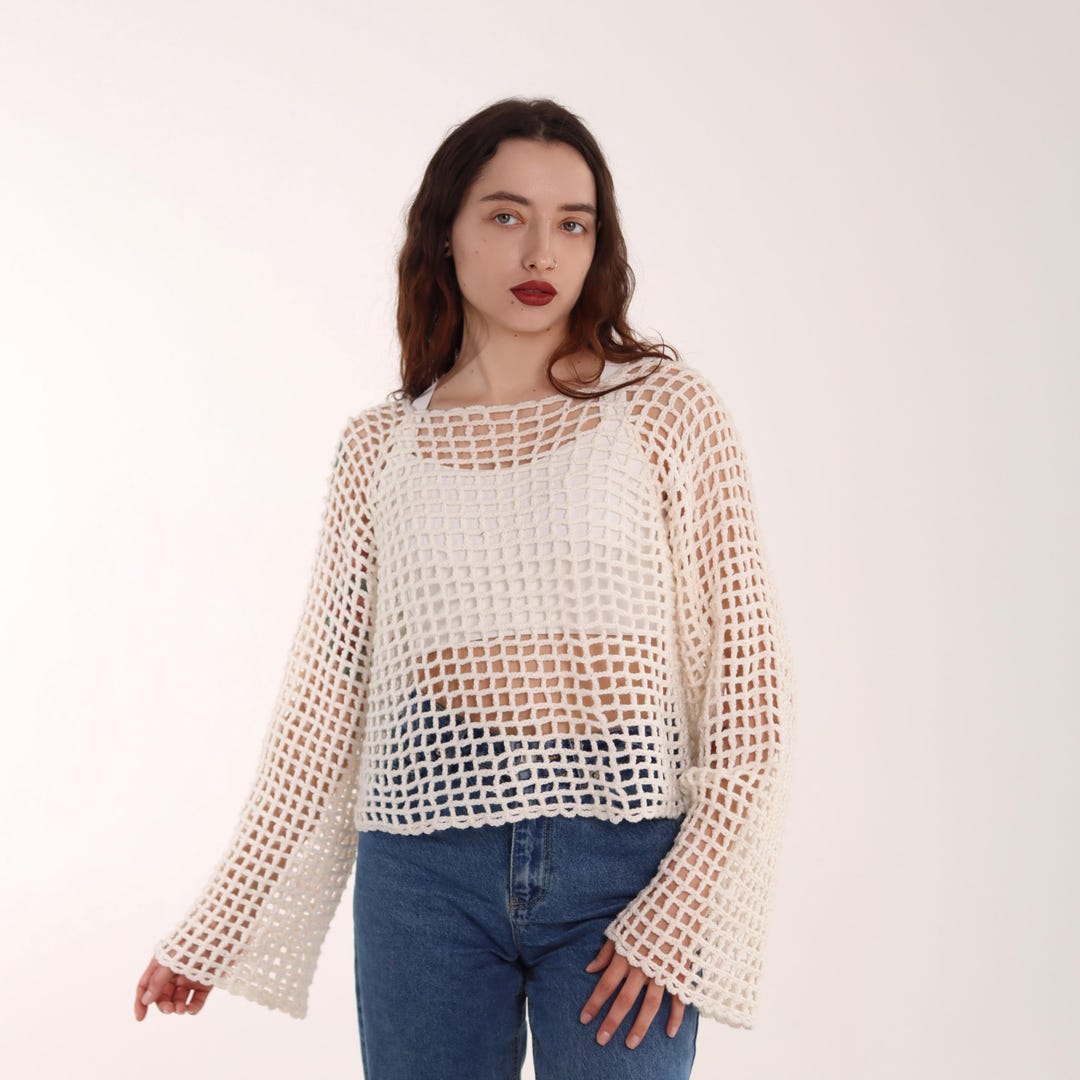 Hand Knitted Mesh Sweater, Crochet Long Sleeve, Spring Summer Blouse ...