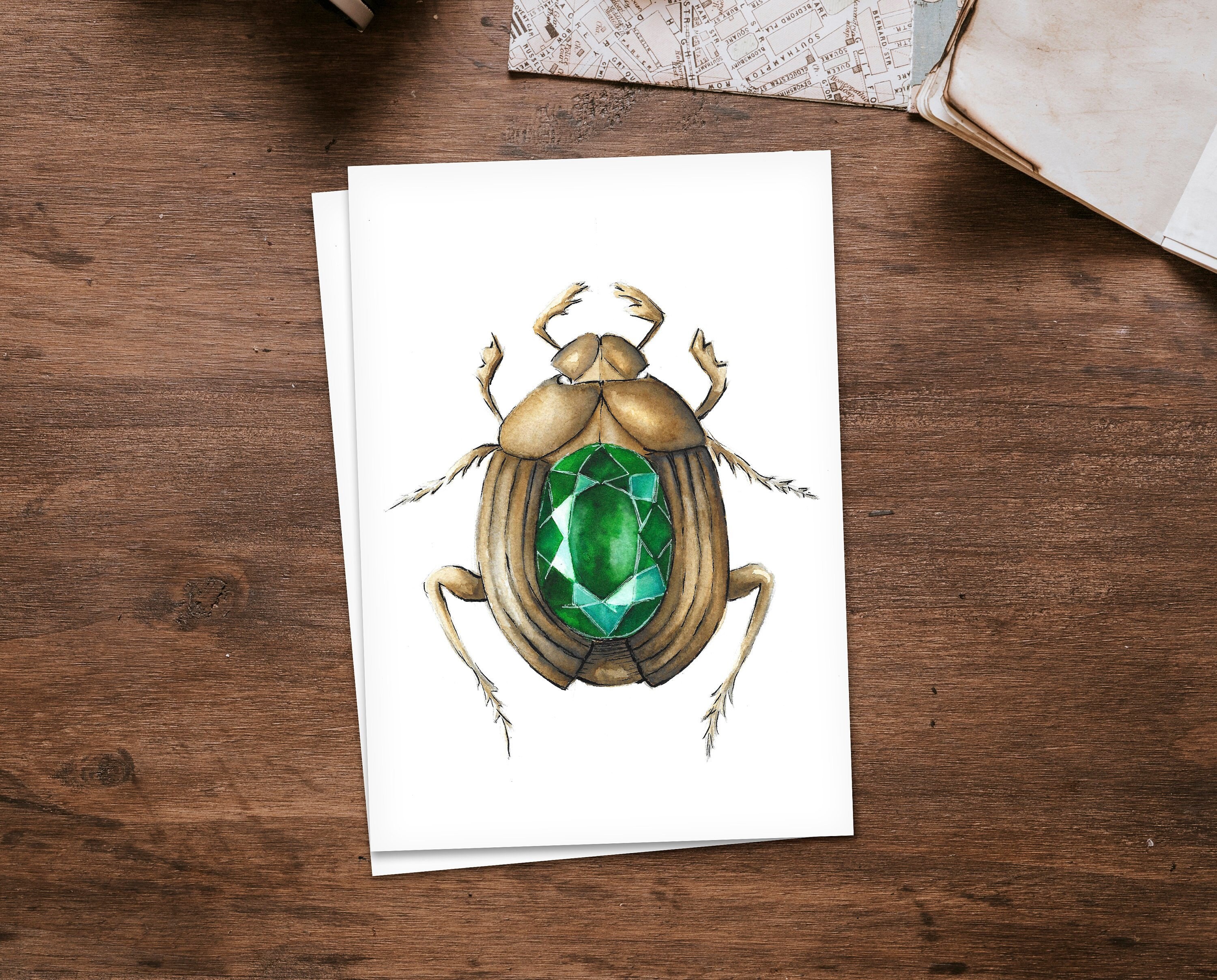 Emerald Bug Skarab Watercolor Art Print DIN A5 on Recycling | Etsy