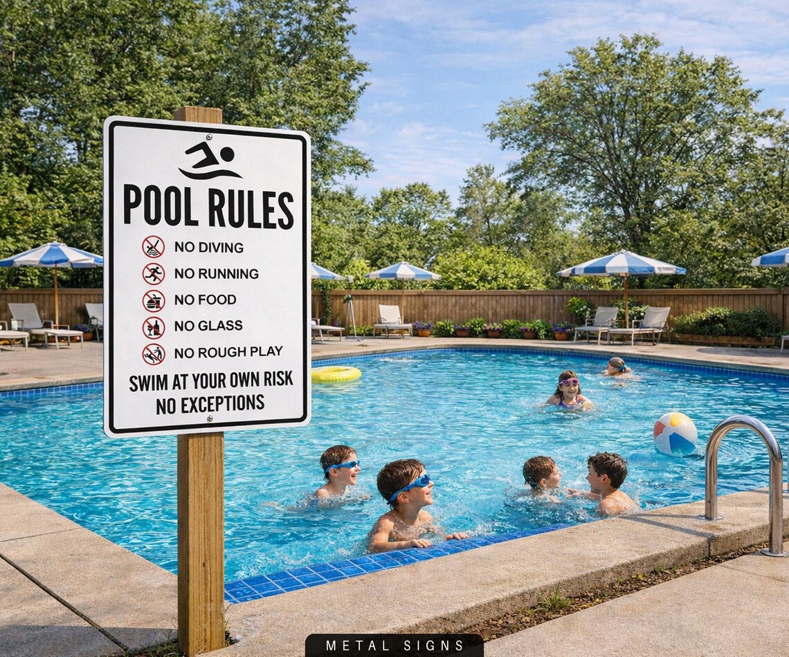 Pool Rules Sign, Metal Outdoor Signs, Swim at Your Own Risk, Pool ...