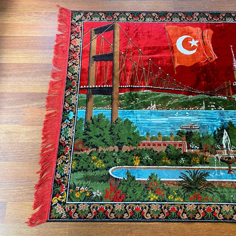 Vintage Turkish Wall Rug – Mosque, Flag & Bridge Motif – Istanbul ...