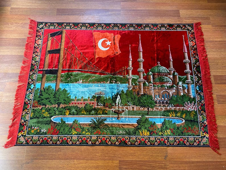Vintage Turkish Wall Rug – Mosque, Flag & Bridge Motif – Istanbul ...