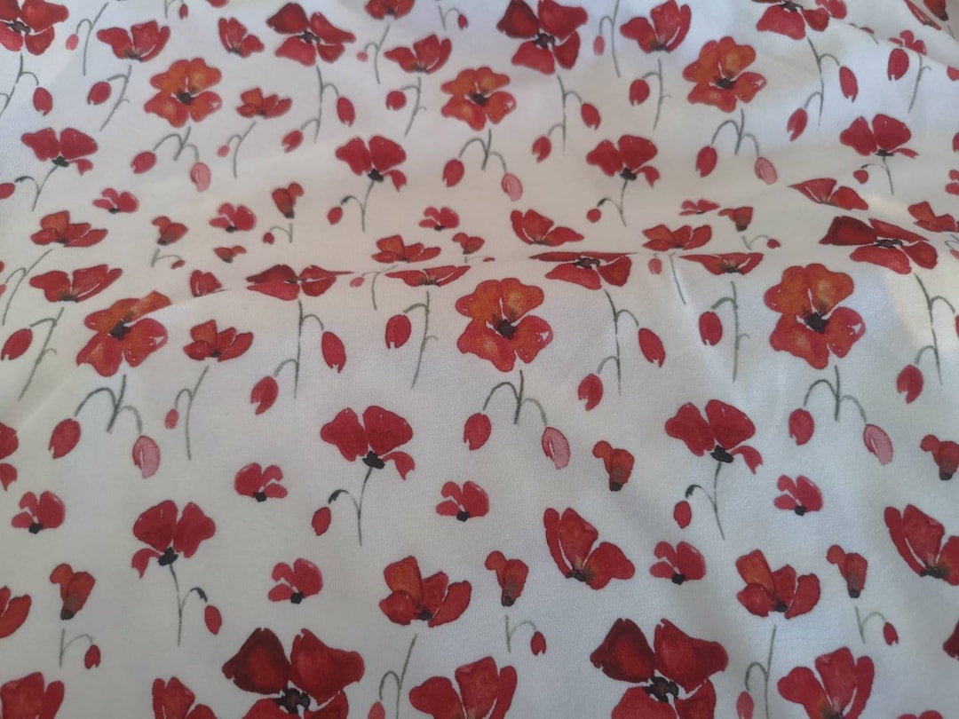 Red Poppy Flower Organic Cotton Jersey Fabric by the Meter, European CL ...