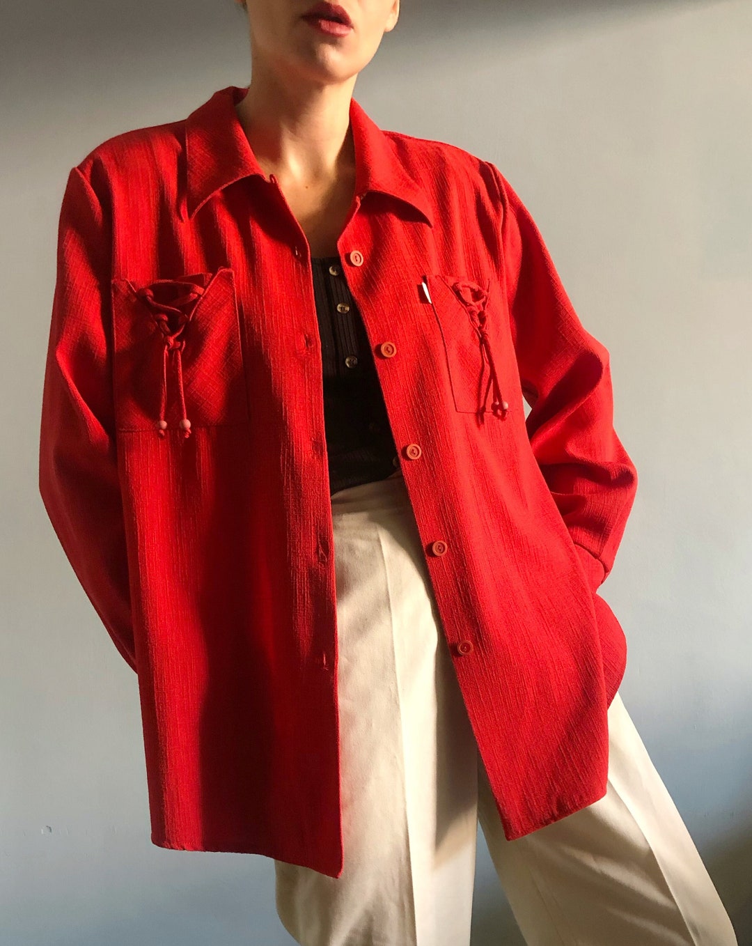 Vintage 70s Textured Red Shirt, Oversized Button up Linen Blend Blouse ...