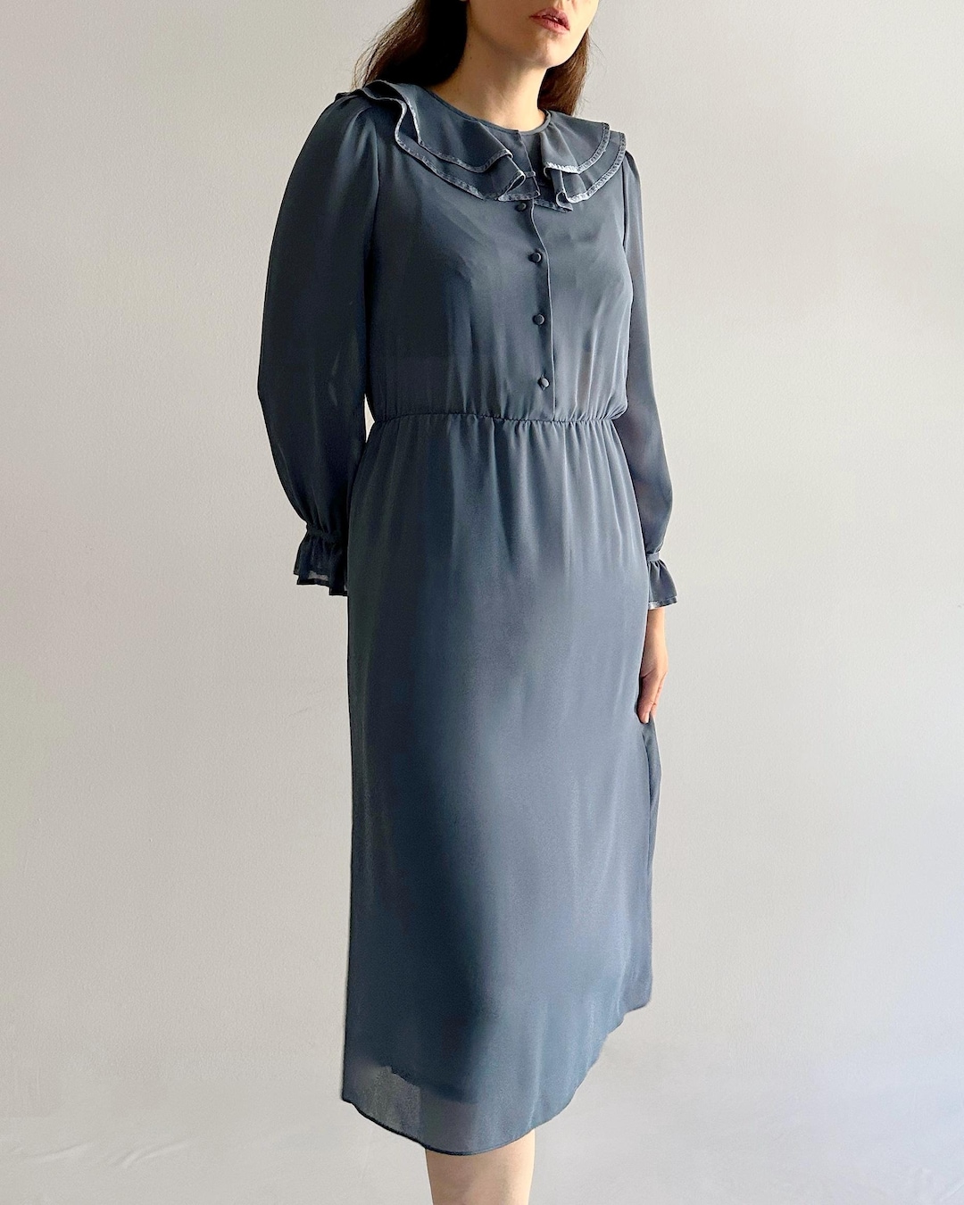 Vintage 80s Sheer Blue-grey Dress With Ruffles - Etsy