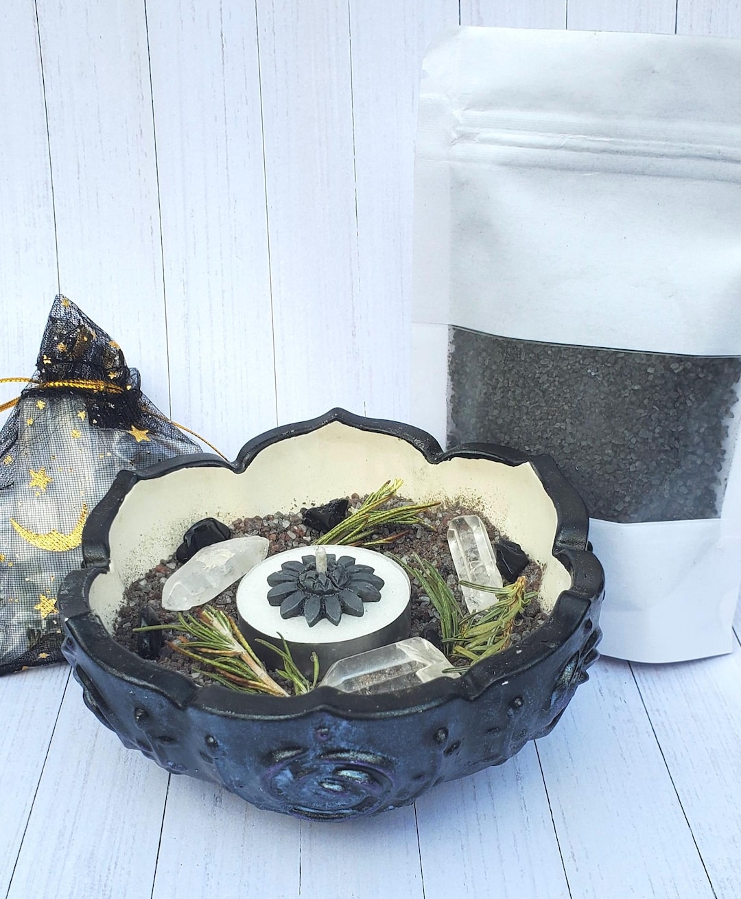 Witch Black Salt Bowl Kit: Obsidian, Quartz, Rosemary, Protection ...