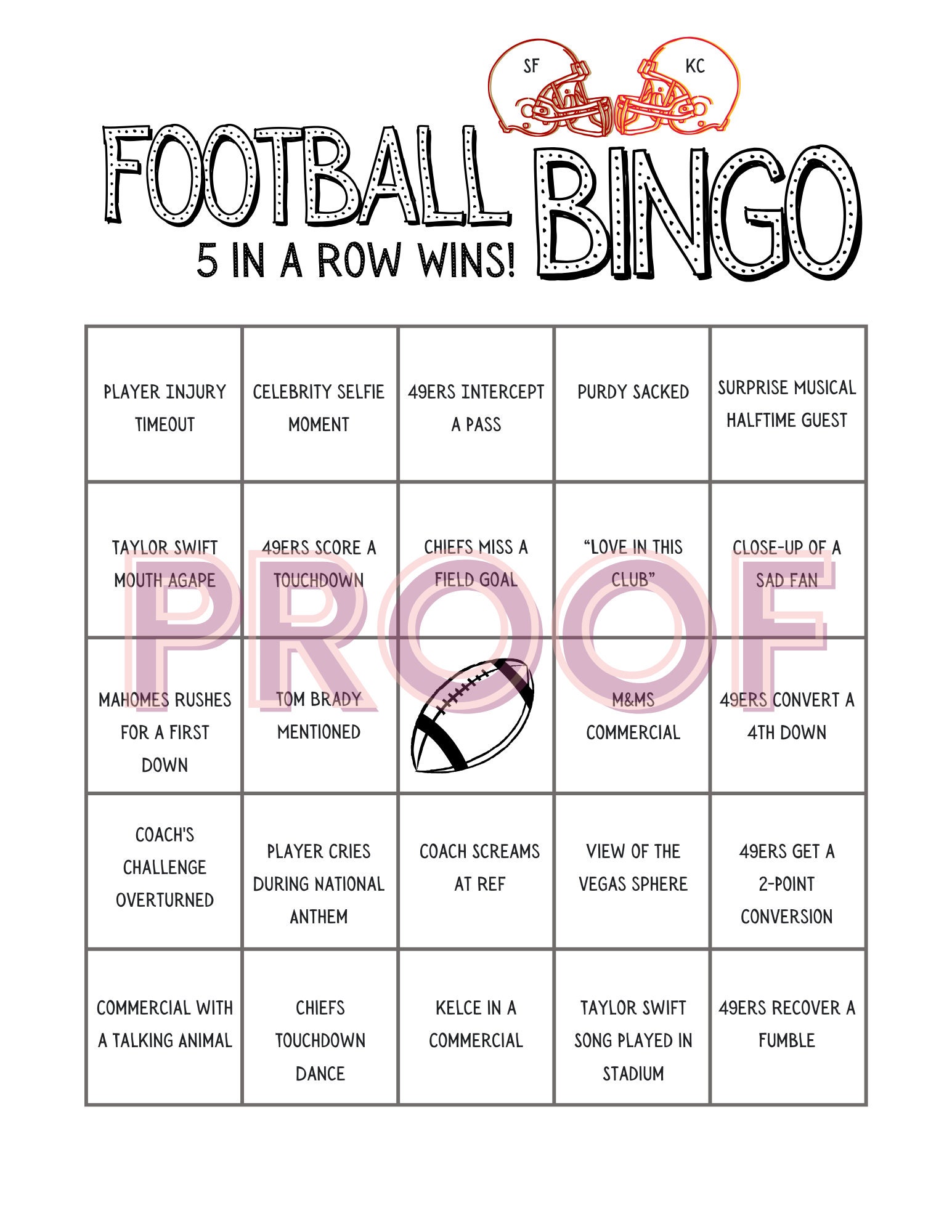 Super Big Game Football Party BINGO Cards San Francisco Kansas City ...