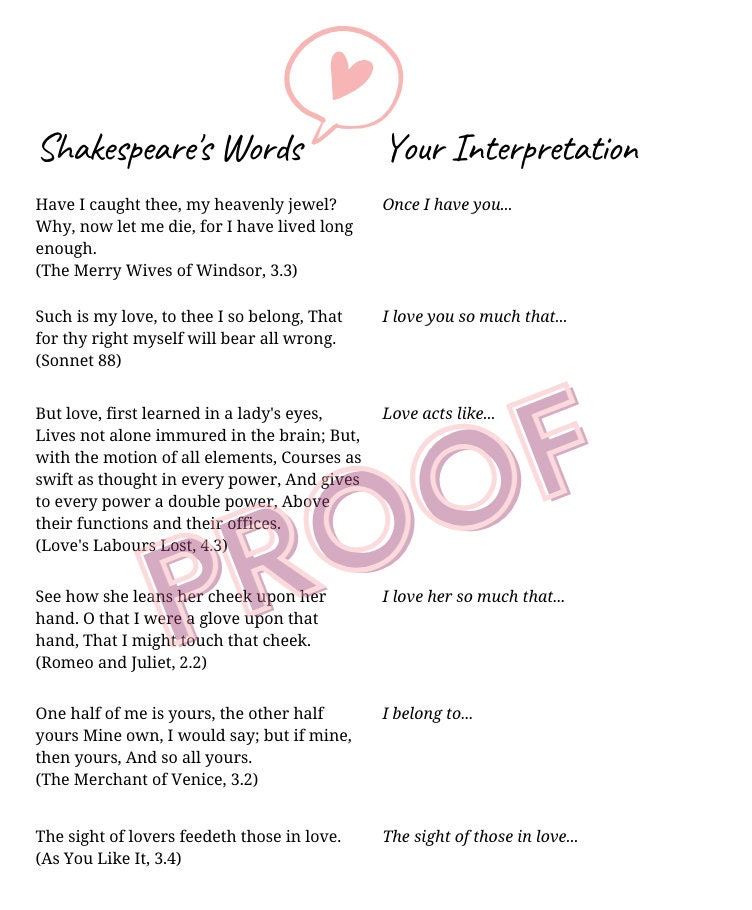 Shakespeare Love Quotes Activity / Valentine's Day Worksheet - Etsy