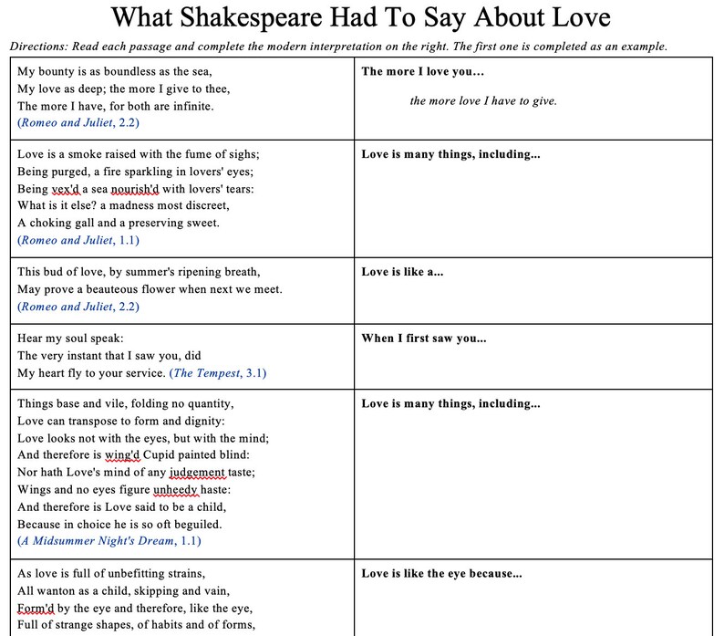 Shakespeare Love Quotes Activity / Valentine's Day Worksheet - Etsy
