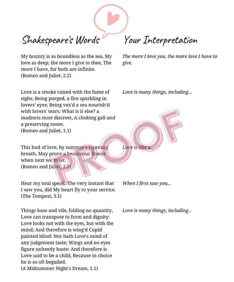 Shakespeare Love Quotes Activity / Valentine's Day Worksheet - Etsy