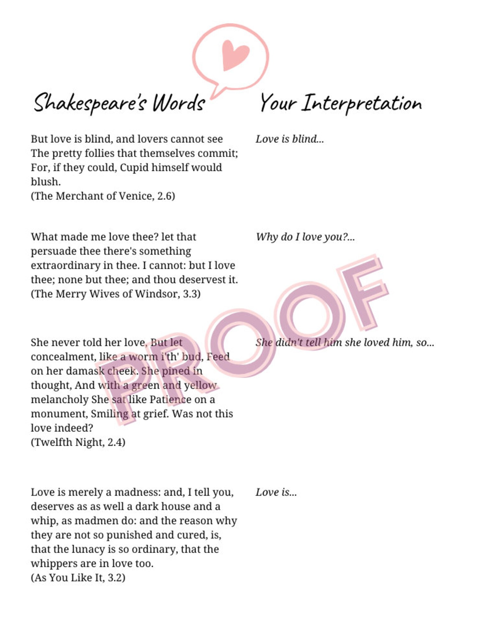 Shakespeare Love Quotes Activity / Valentine's Day Worksheet - Etsy