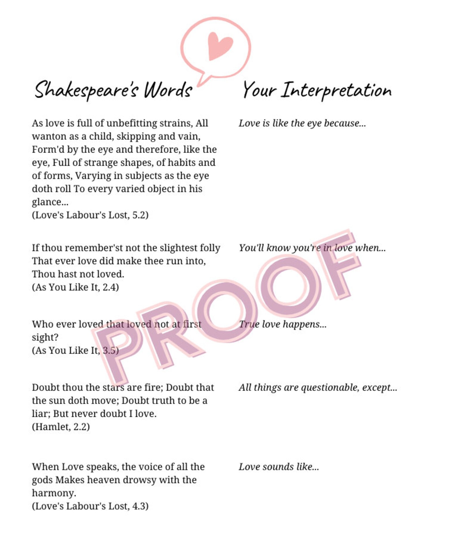 Shakespeare Love Quotes Activity / Valentine's Day Worksheet - Etsy