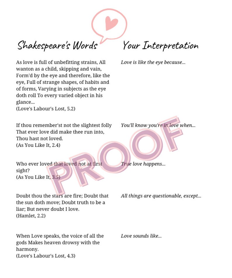 Shakespeare Love Quotes Activity / Valentine's Day Worksheet - Etsy
