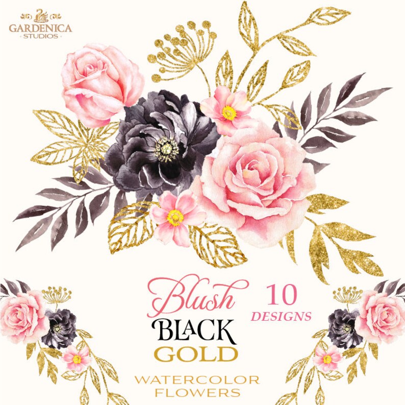 Scrapbooking Blush Black and Gold Bouquets Clipart digital floral ...