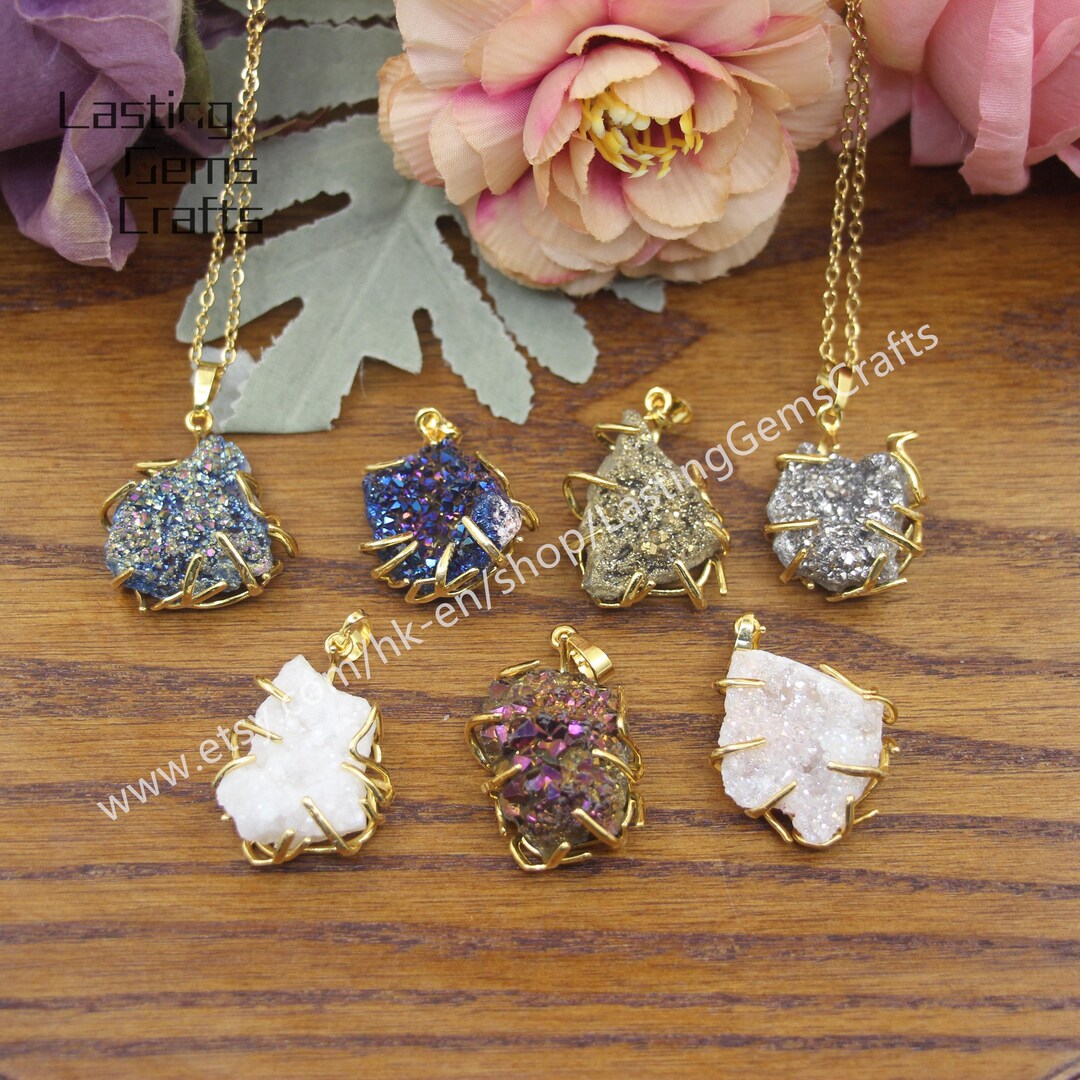 Rough Geode Nugget Pendant Gold Wire Winding Raw Quartz Necklace ...