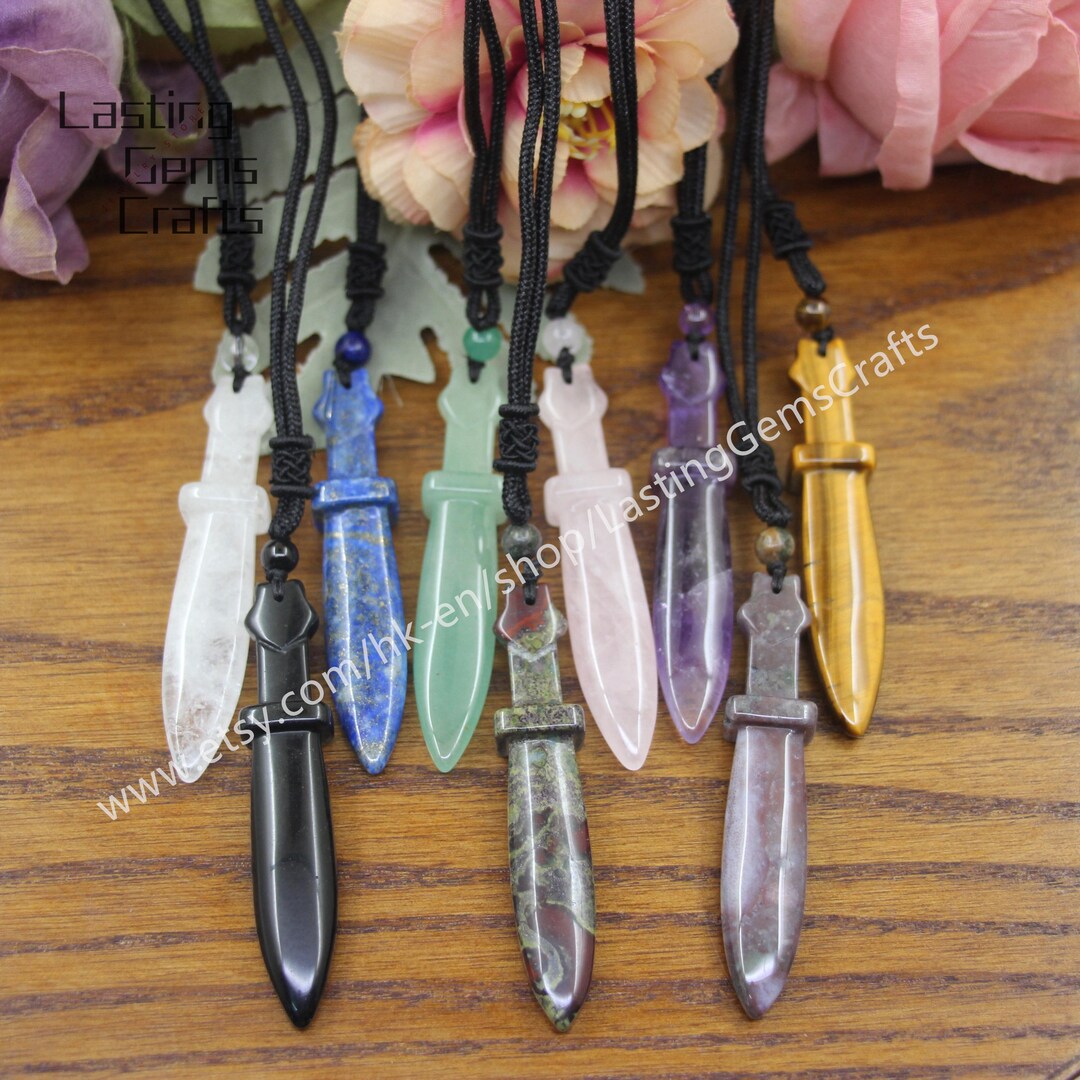 Gemstone Dagger Pendant Healing Crystal Quartz Rope Necklace,obsidian ...