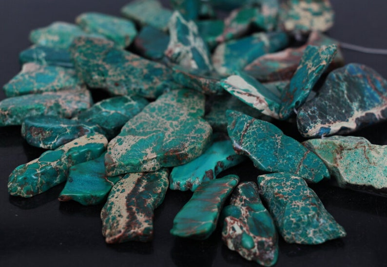 Top Drilled Sea Sediment Jasper Slab Beads, Blue Green Impression Stone ...